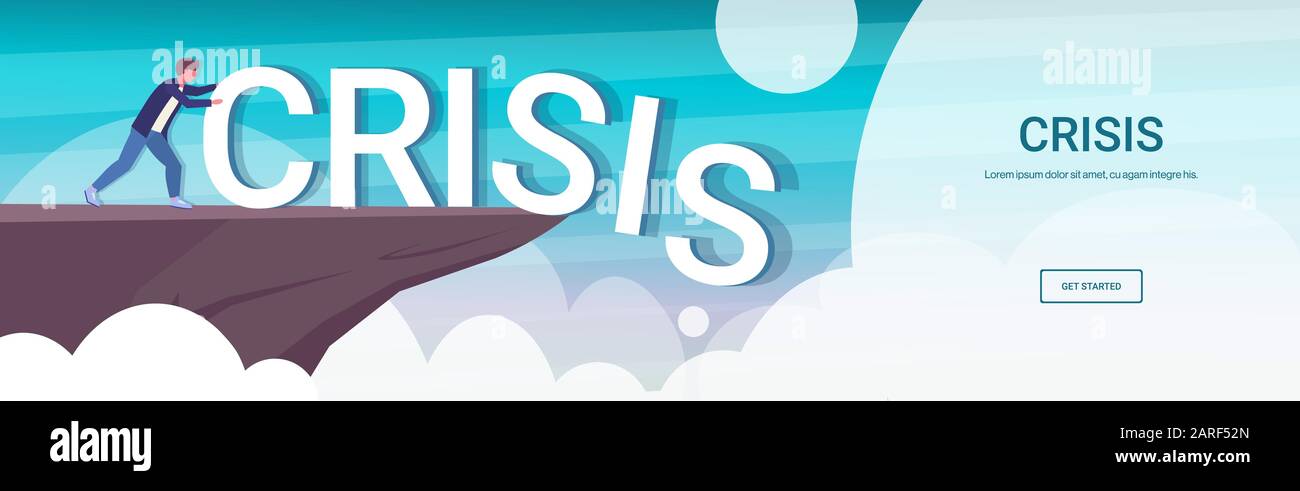 businessman pushing crisis word into abyss problem solution finance ...