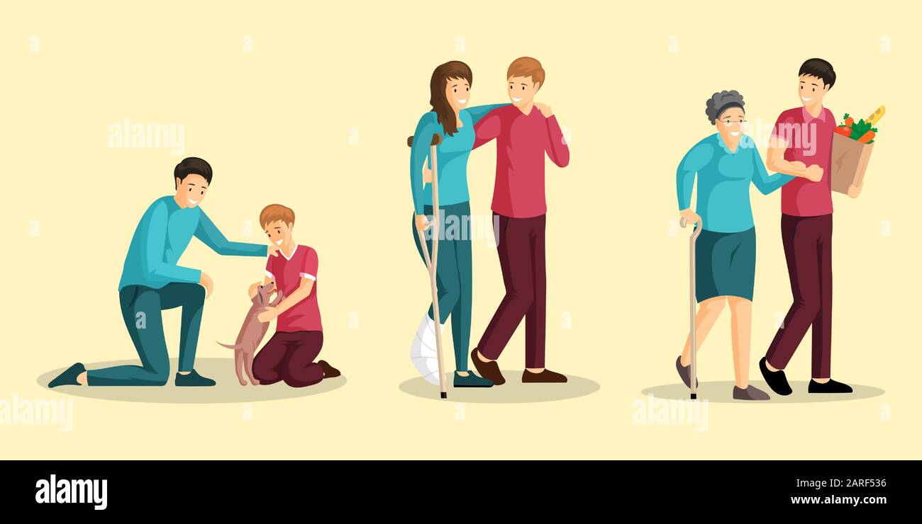 Charity activities flat vector illustrations set. Smiling child ...
