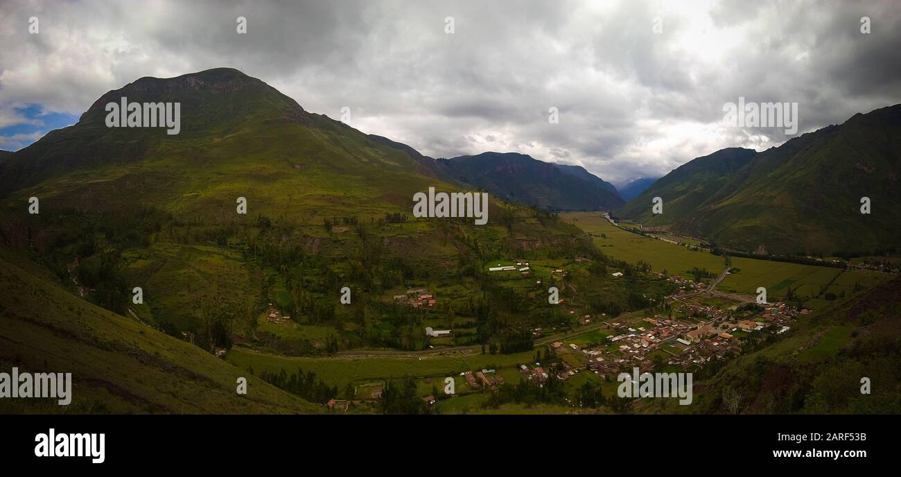 Aerial Landscape panoramic view to Urubamba river and sacred valley ...
