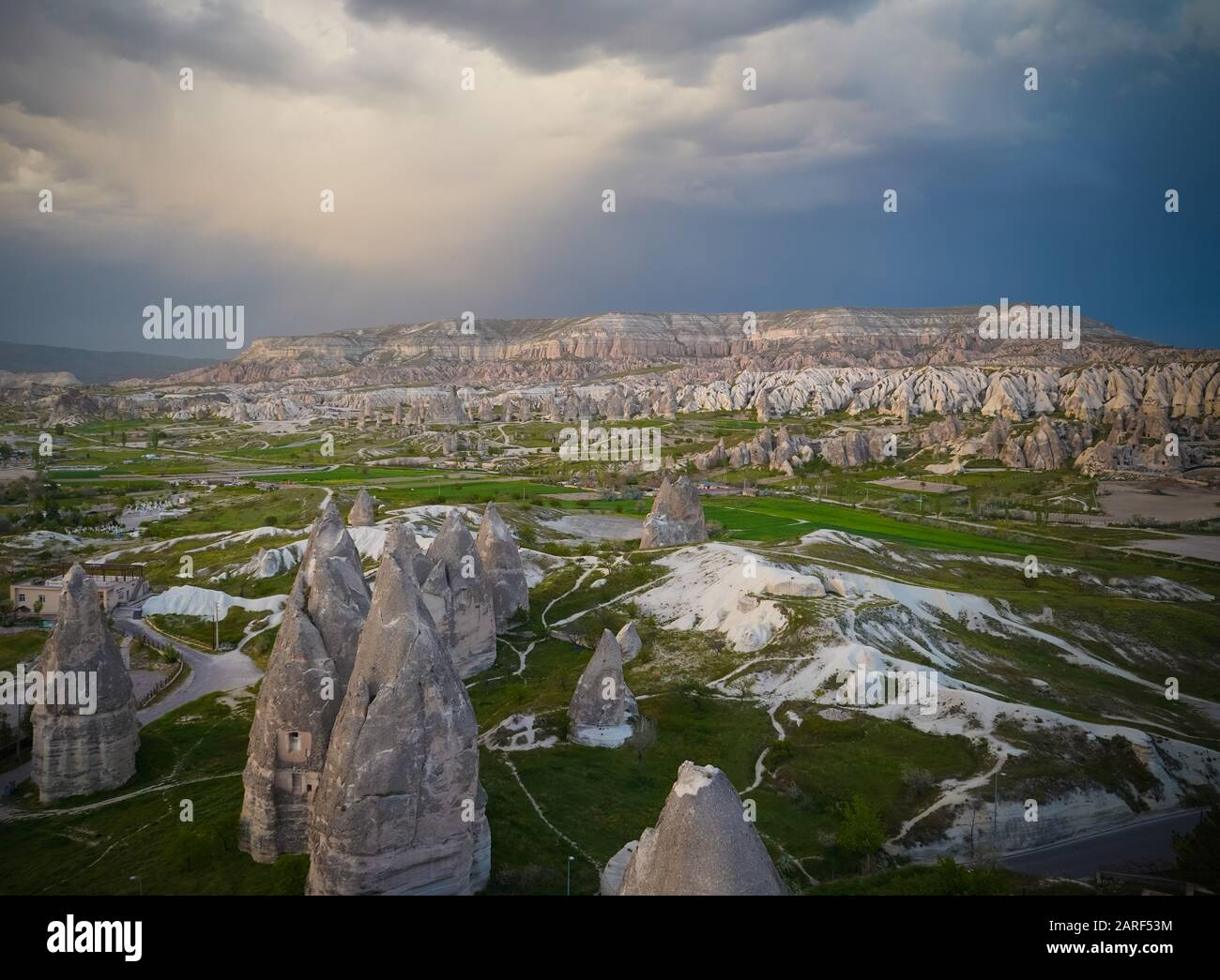 Sunset panoramic view to Goreme city and pigeon valley Cappadocia ...