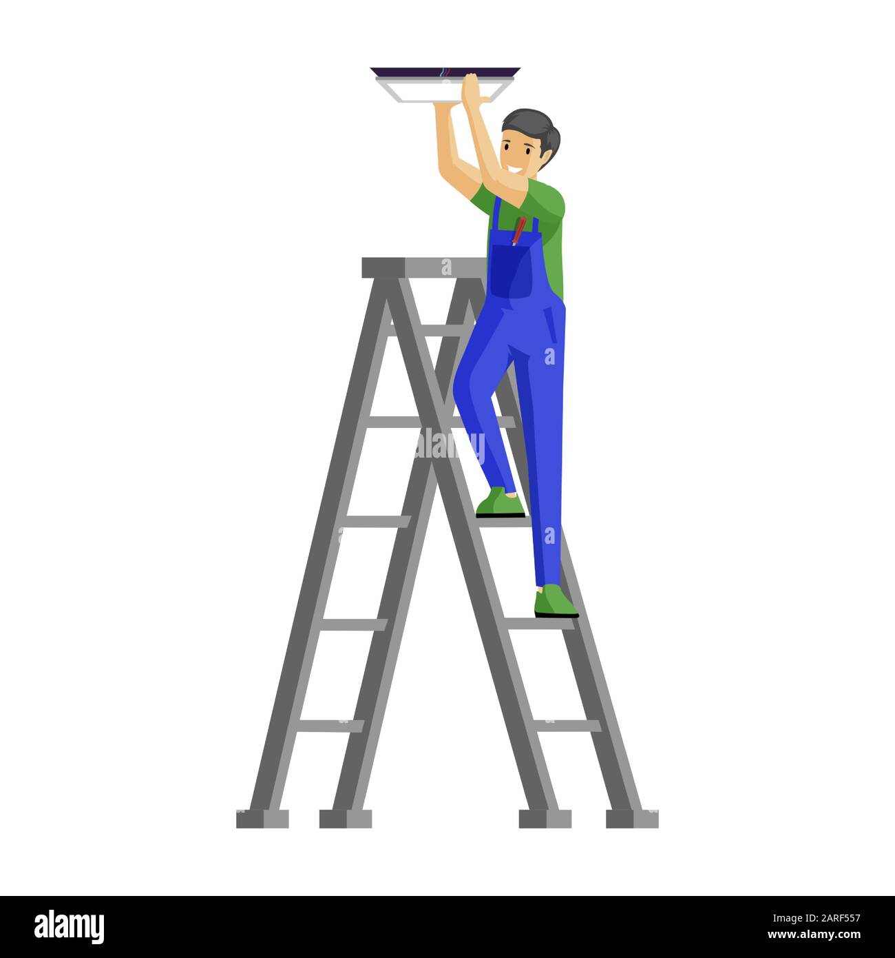Repairman fitting lamp flat vector illustration. Cheerful male ...
