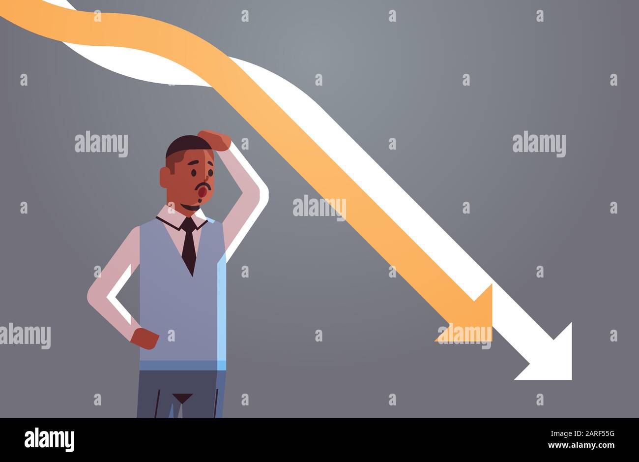 stressful businessman looking at falling down economic arrows chart ...