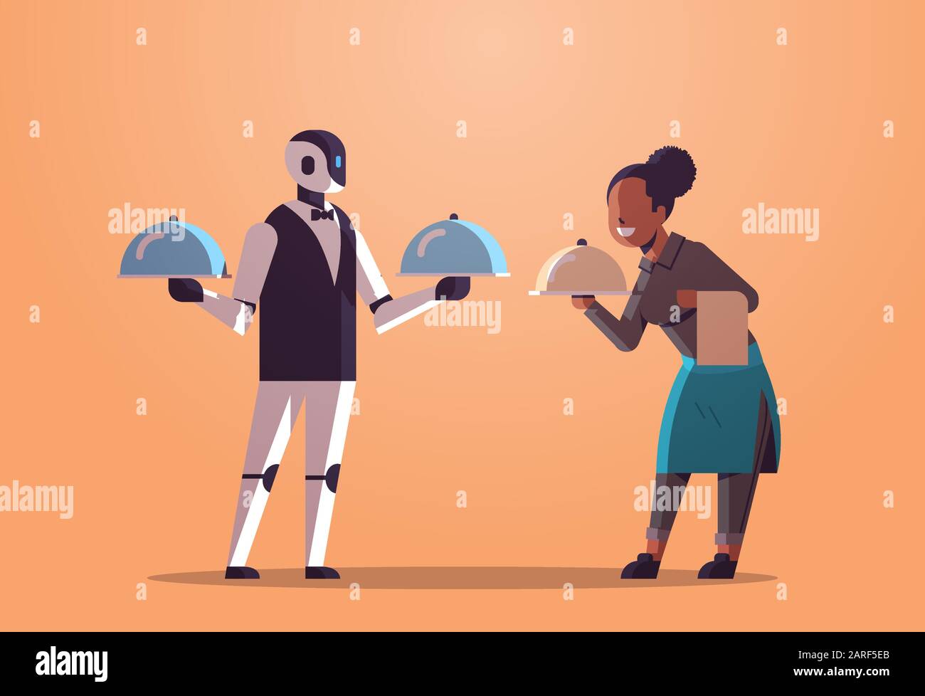 robotic waiter with waitress holding tray with dish robot vs human ...