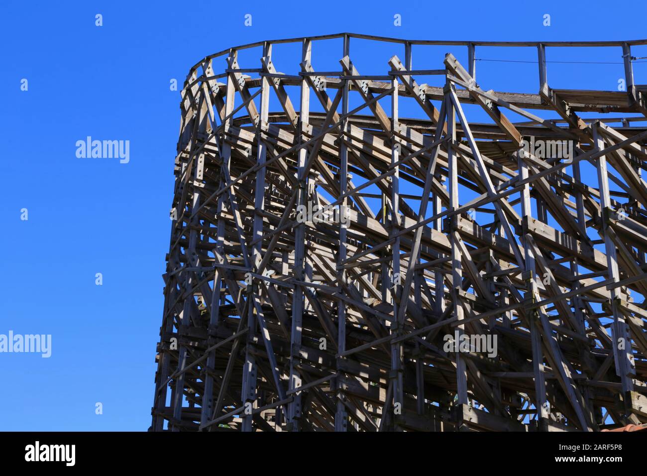 Close up of the wooden roller coaster tracks of Balder amusement ride ...