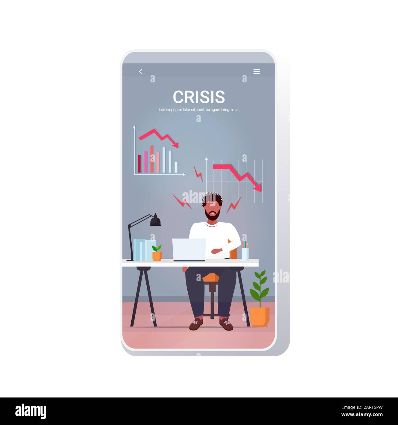 overworked businessman using laptop analyzing downward graph chart ...