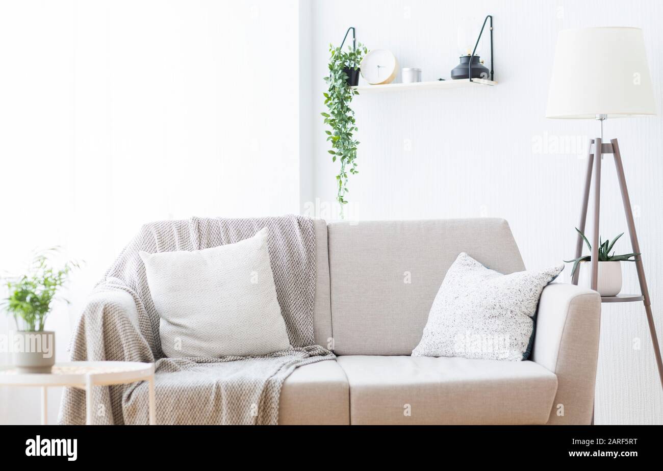 Modern light couch at living room interior, empty space Stock Photo - Alamy