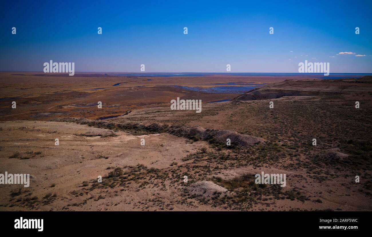 Landscape of Sudochye lake aka part of former Aral sea at Urga fishing ...