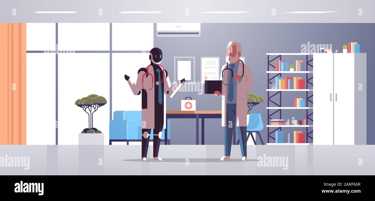 robot and human doctors discussing during meeting robotic character vs ...