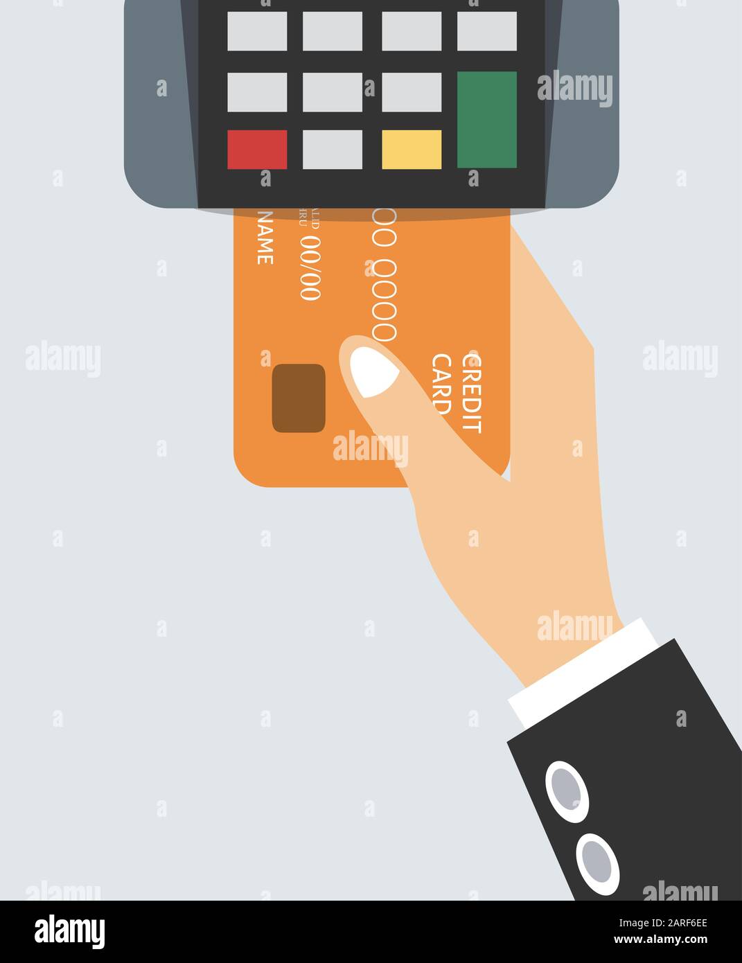 Hand holds credit card. Flat design of POS terminal. Payment by credit ...