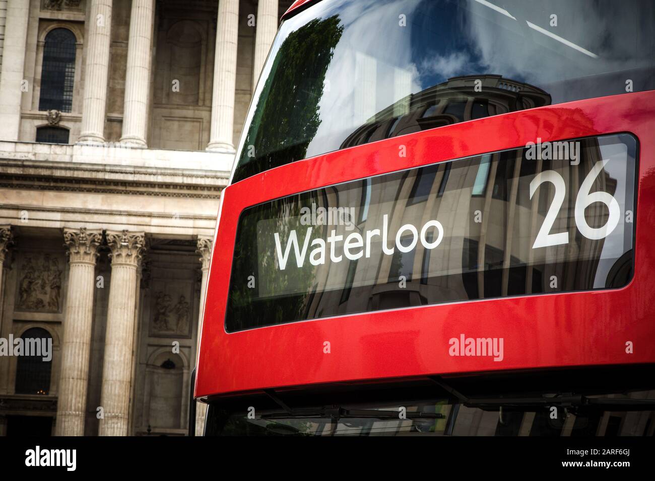 Detail of a red London bus on route to Waterloo Stock Photo - Alamy