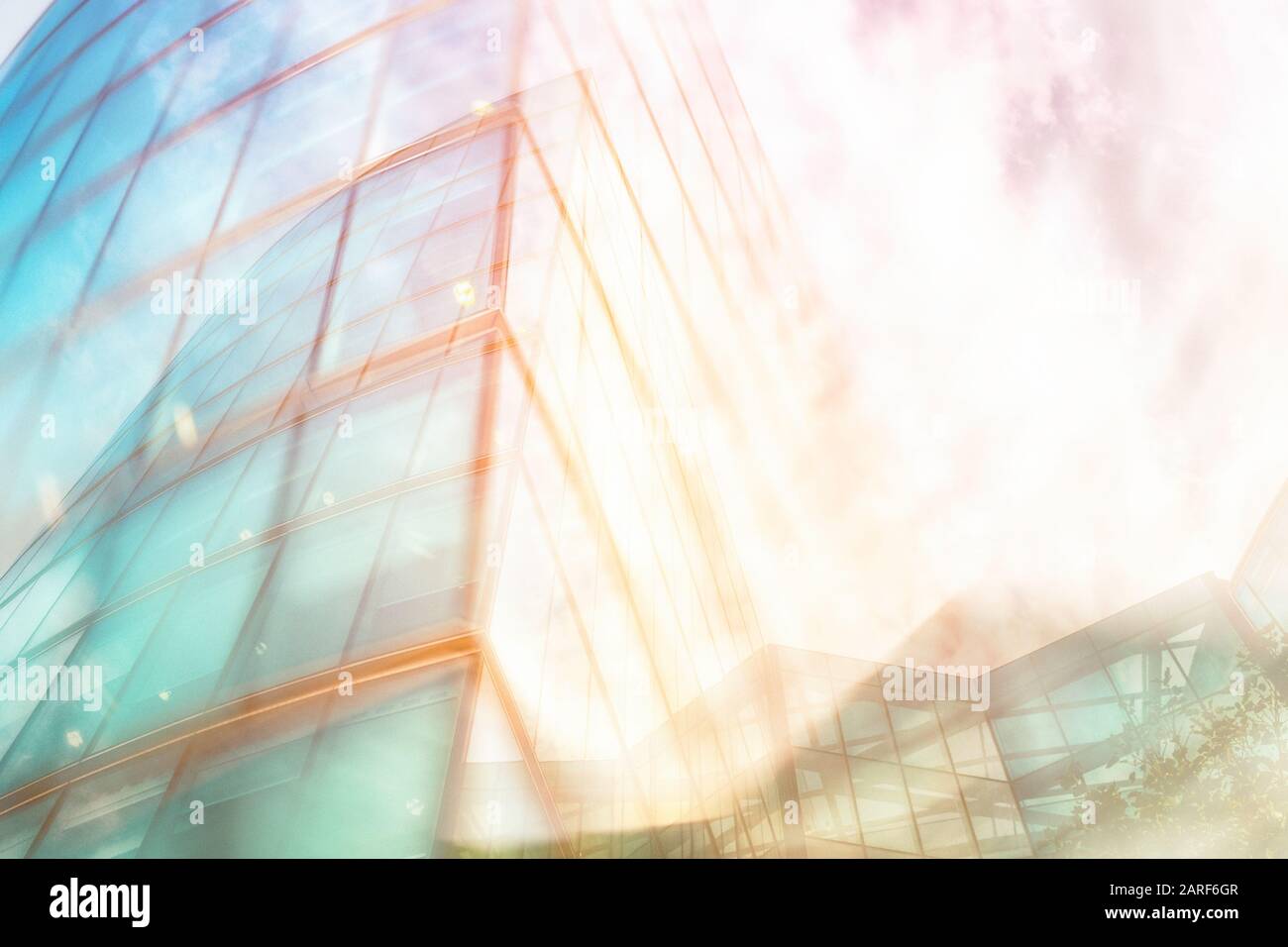 Architectural abstract. Modern building exterior with hazy coloured ...