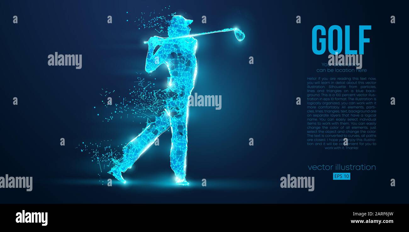 Silhouette of a golf player, golfer from particles on blue background ...