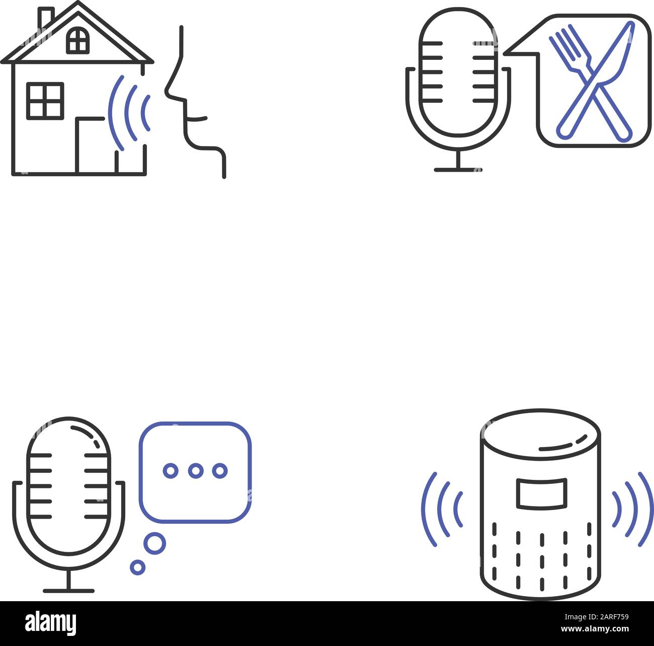 Smart speaker linear icons set. Voice command device. Virtual assistant. Wireless modern digital ...