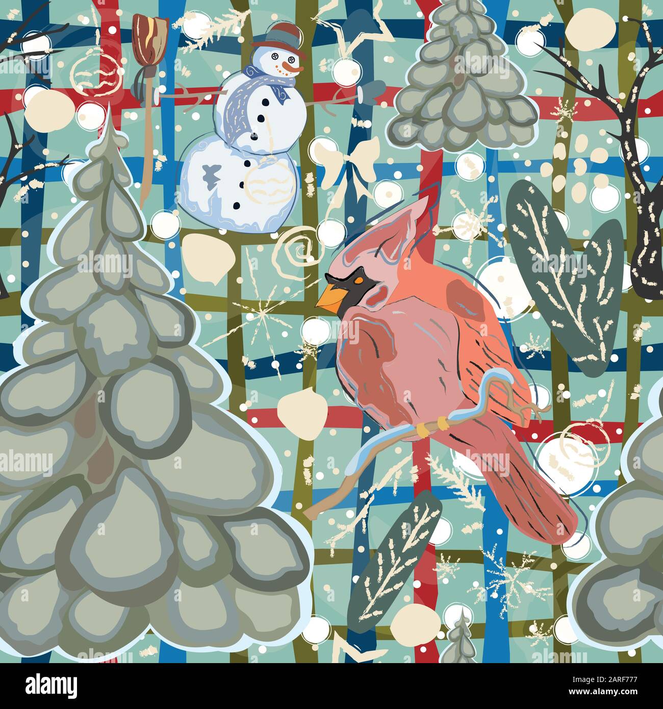 Seamless Winter Pattern with cute Cardinal Bird, Snowman and Spruce ...