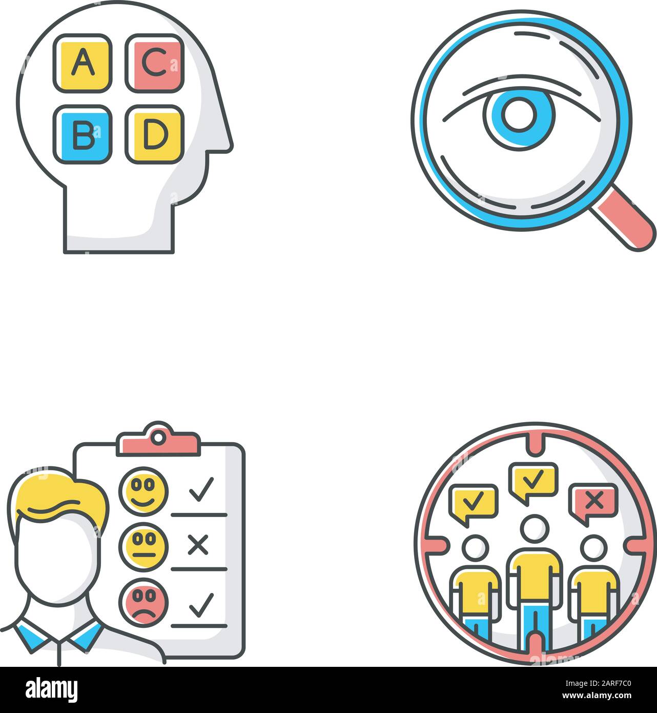 Survey methods color icons set. Analysis. Interview. Emotional opinion ... Survey methods color icons set. Analysis. Interview. Emotional opinion ...