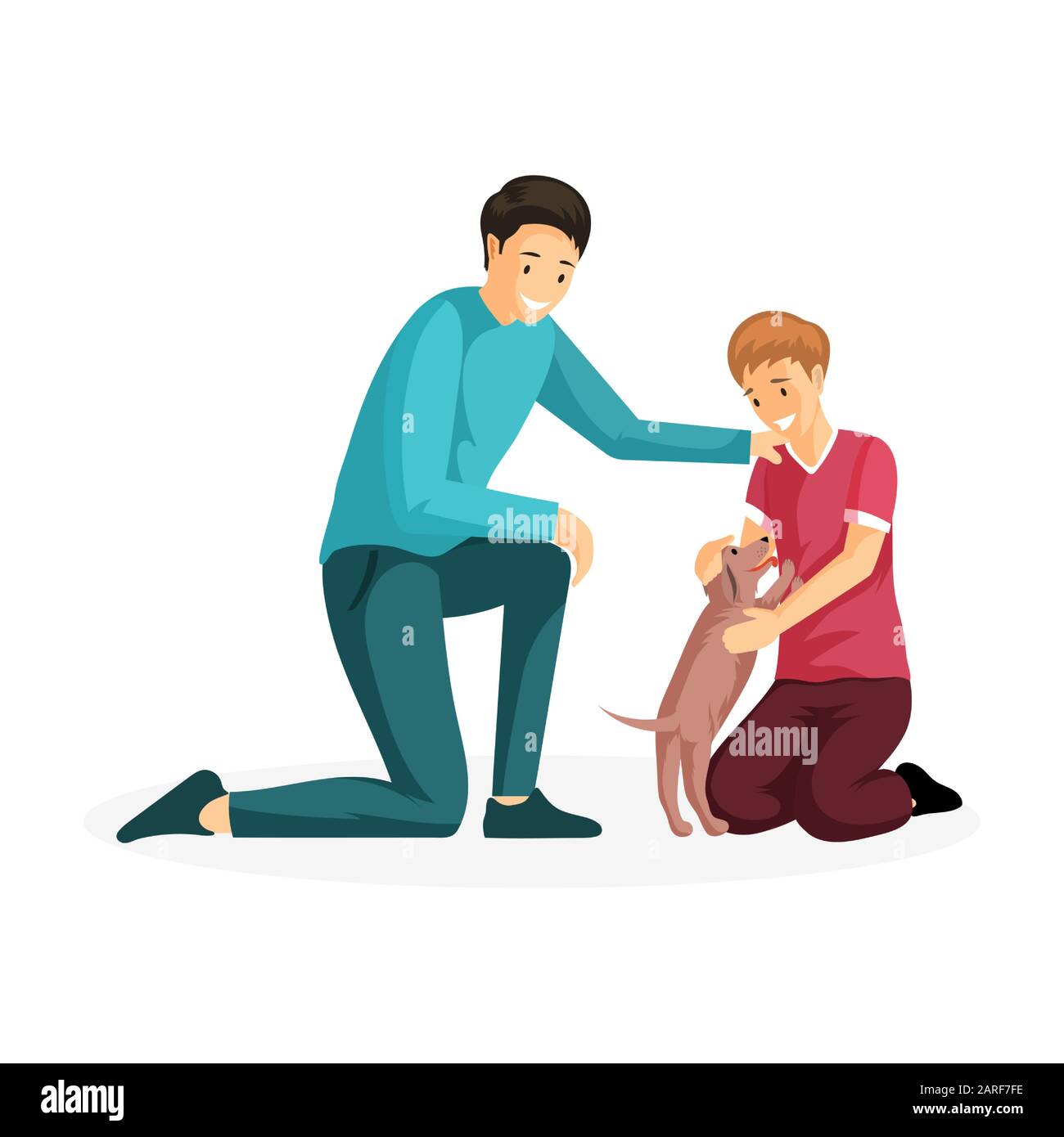 People playing with dog vector illustration. Cheerful adult man and ...