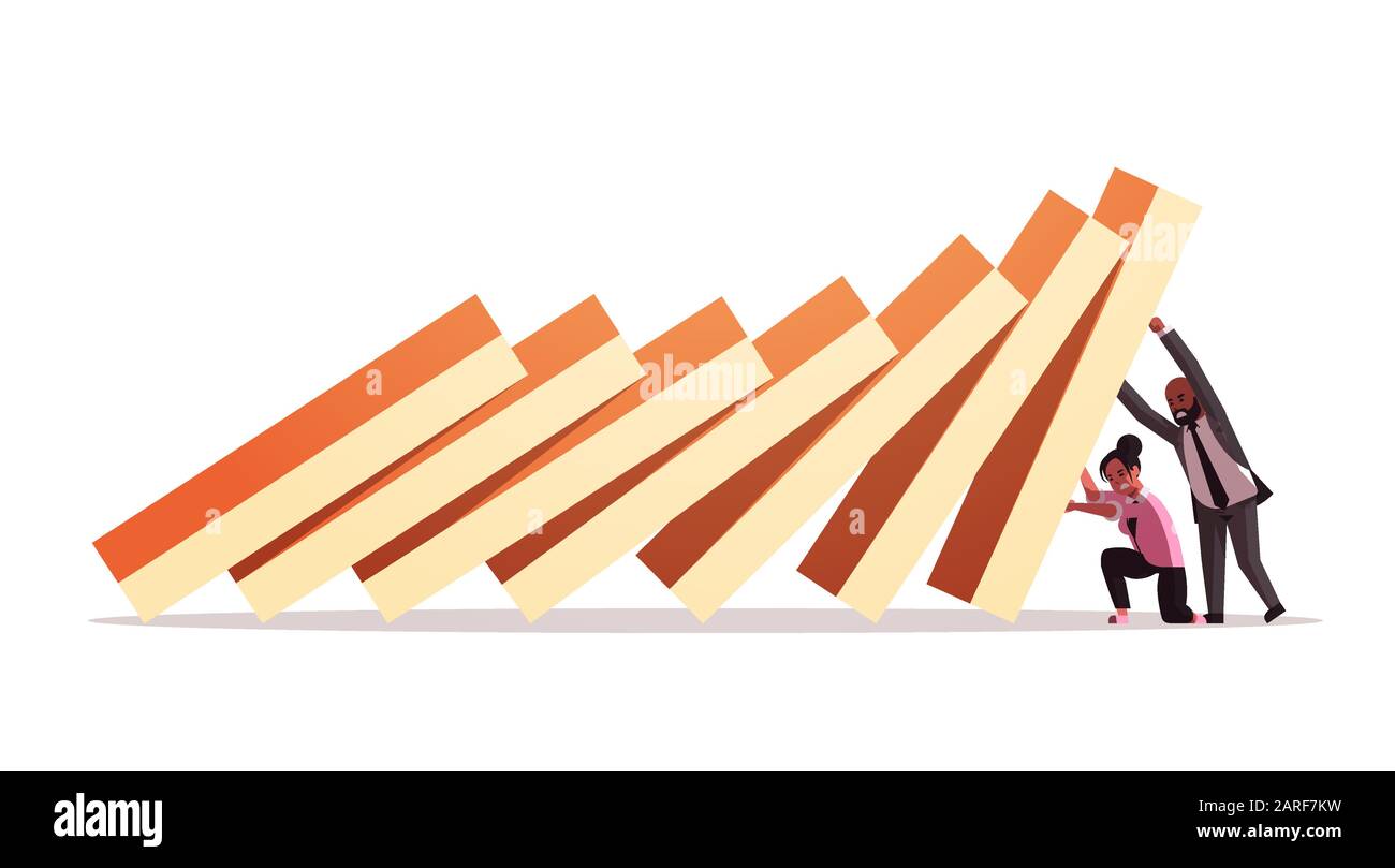 businesspeople couple stopping domino effect crisis management chain ...