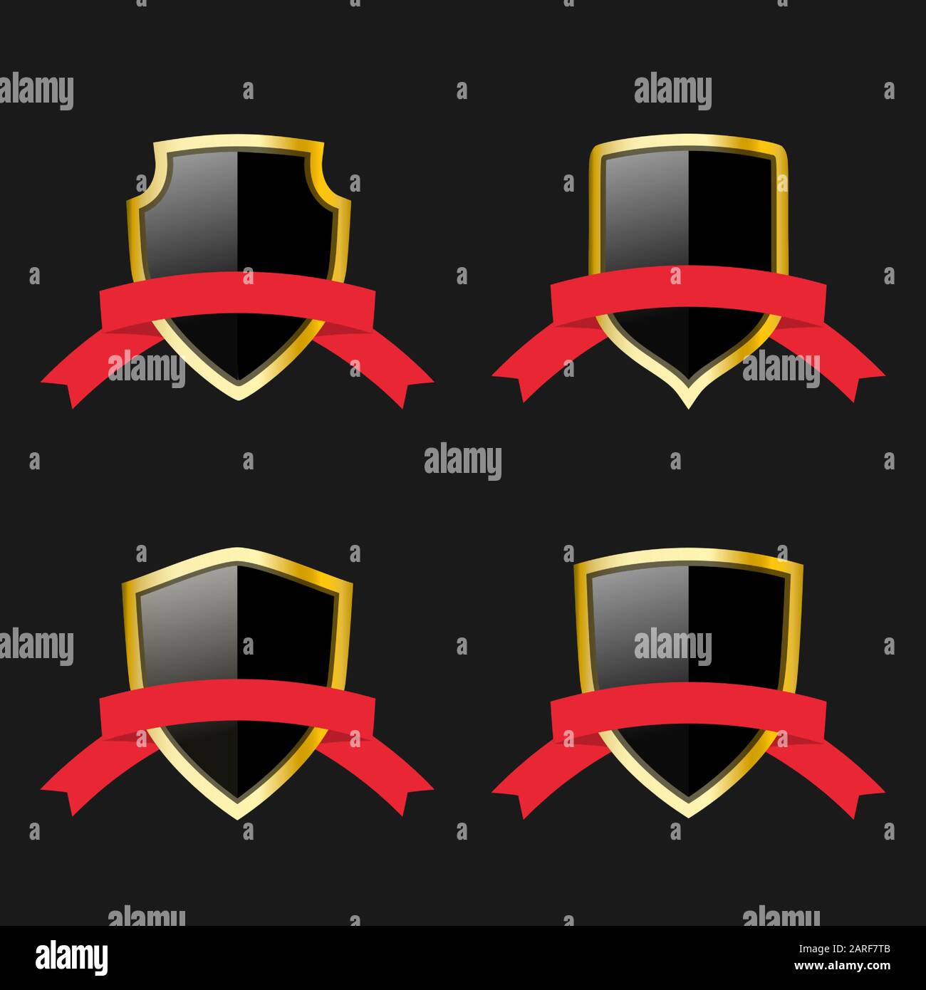 Black and gold shields set with red ribbons. Protection emblems ...