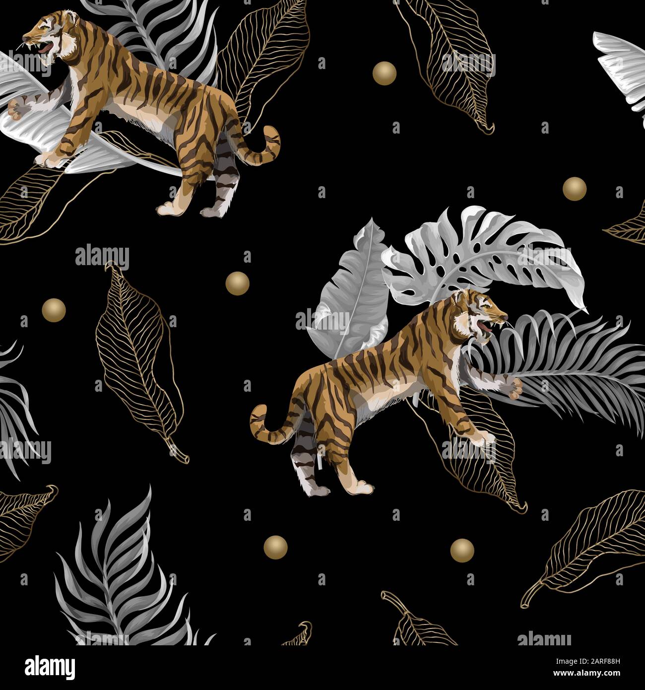Seamless pattern with tigers and leaves. Vector Stock Vector Image ...