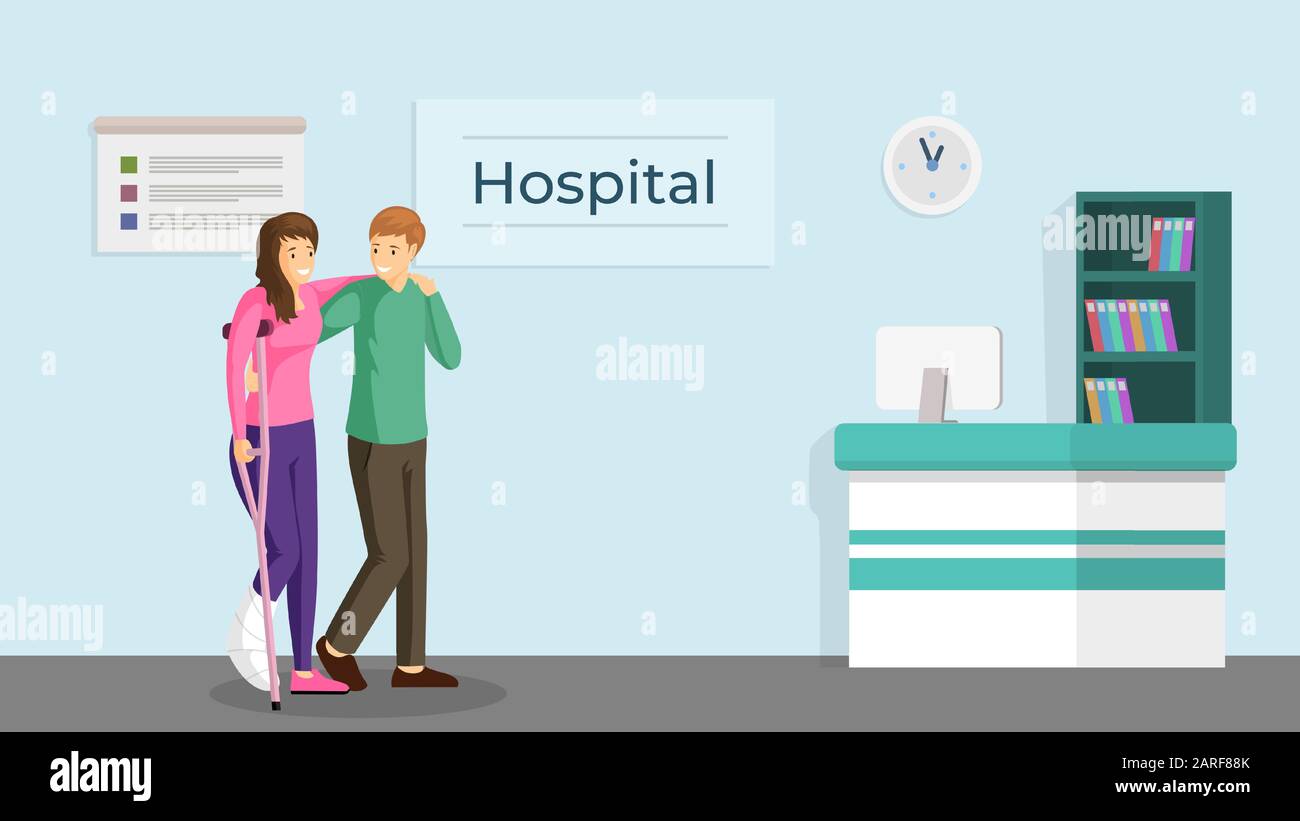 Couple in hospital flat vector illustration. Happy young man and woman ...