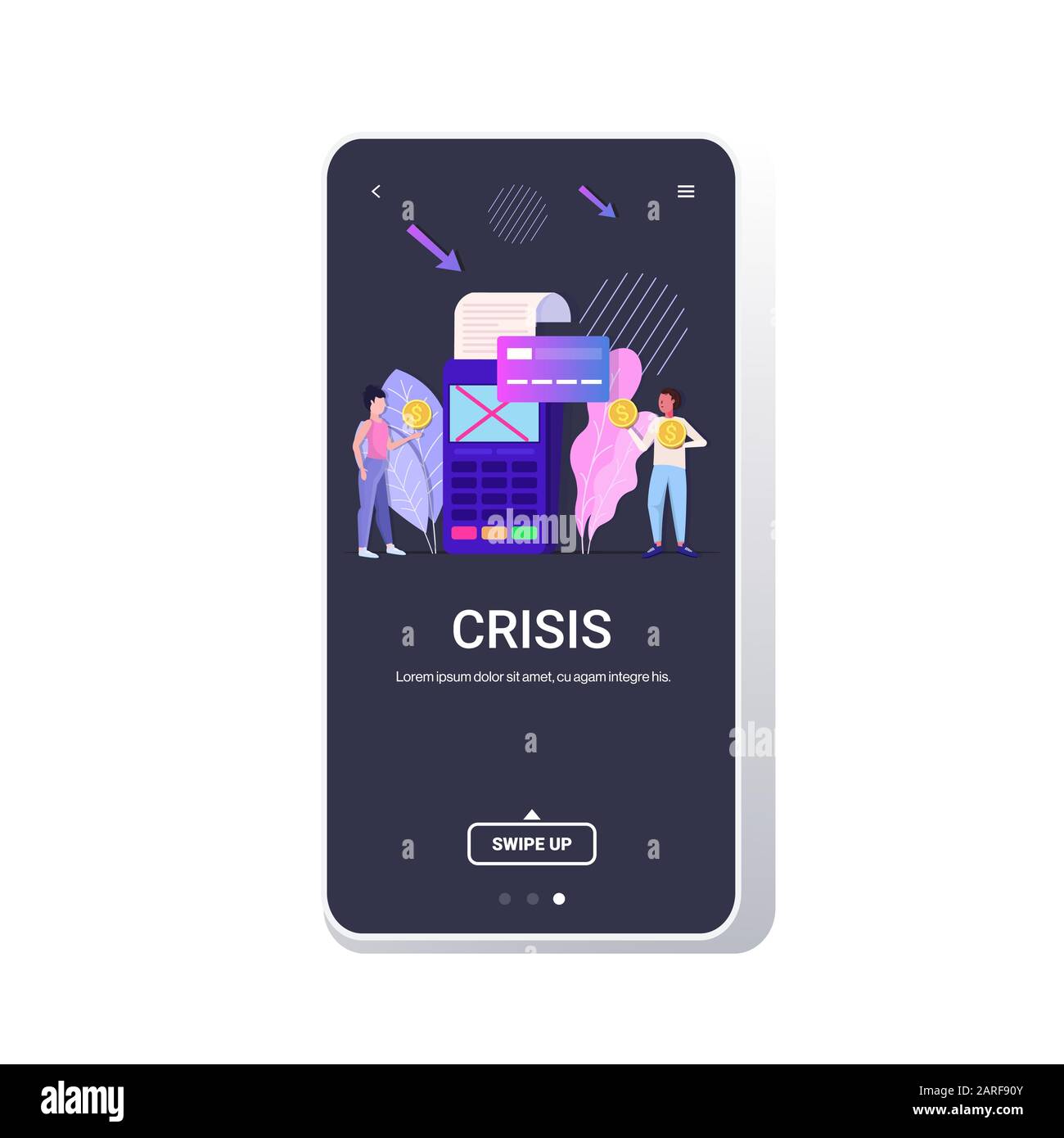 sad businesspeople dollar coins credit card POS terminal red cross ...