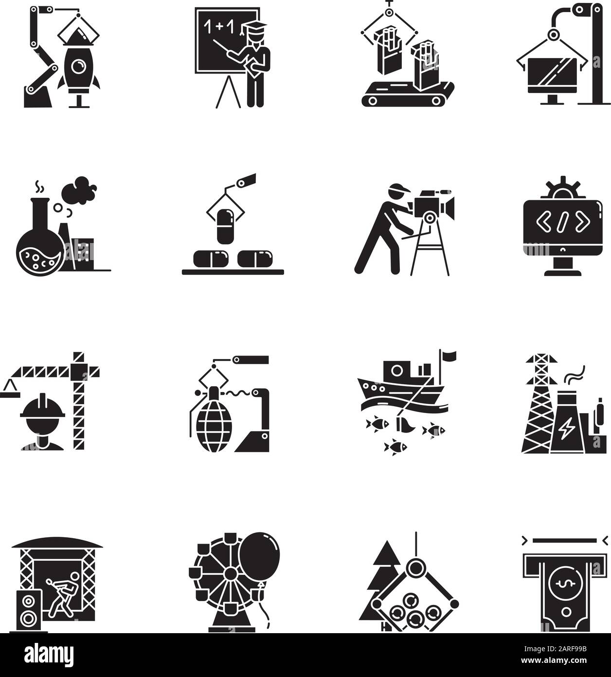 Industry types glyph icons set. Goods and services production ...