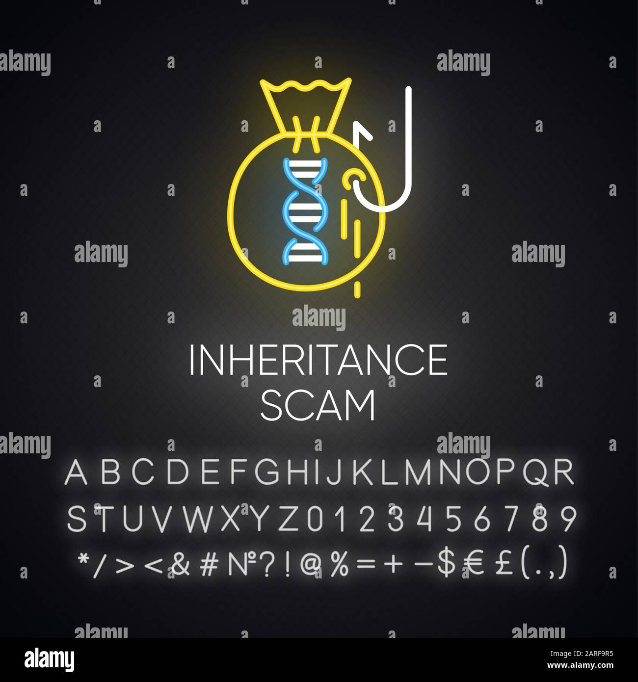 Inheritance scam neon light icon. Fake benefactor. Distant relative ...