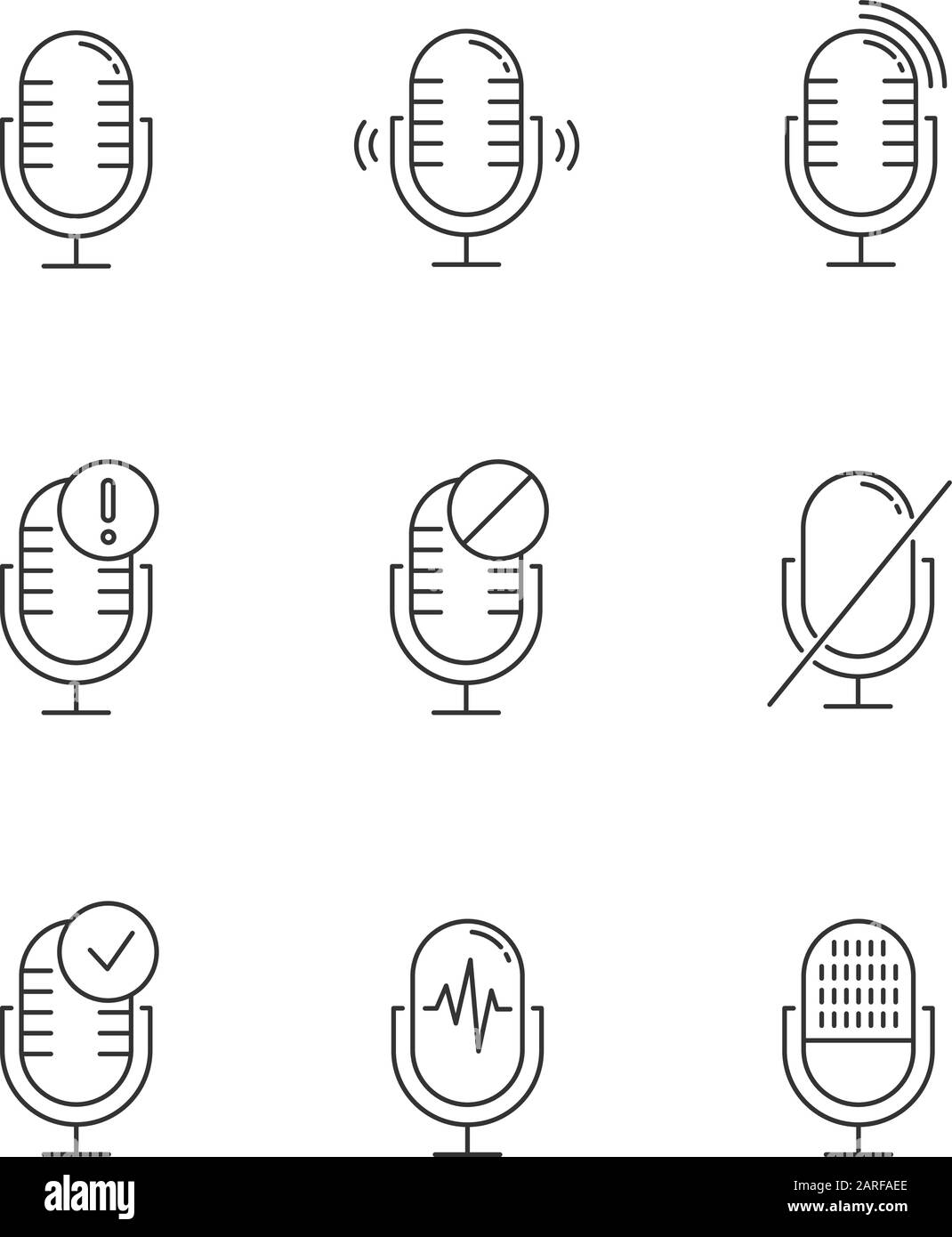 Voice control system linear icons set. Different microphones. Music ...