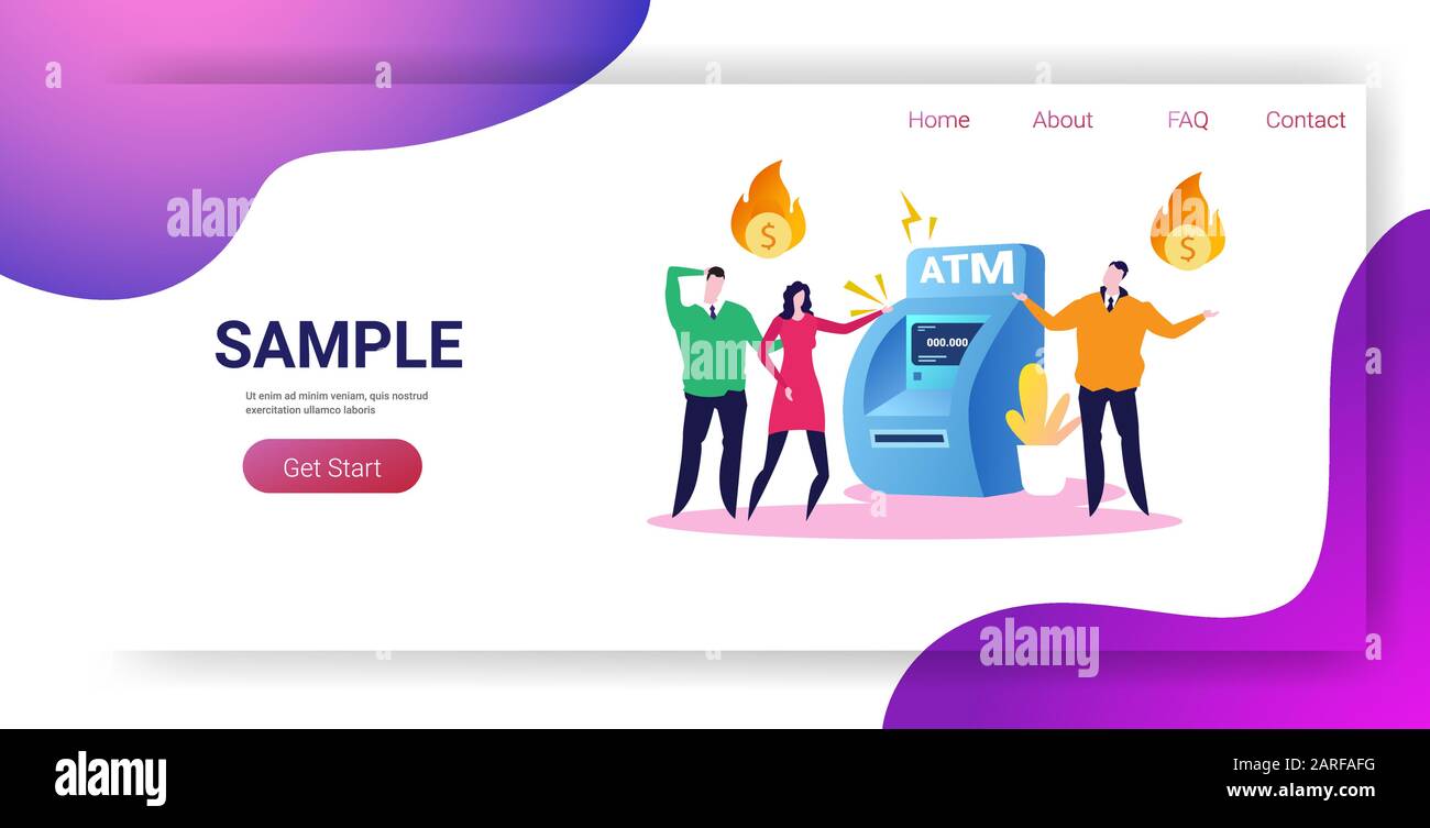 sad businesspeople near ATM machine with flaming dollar symbol ...