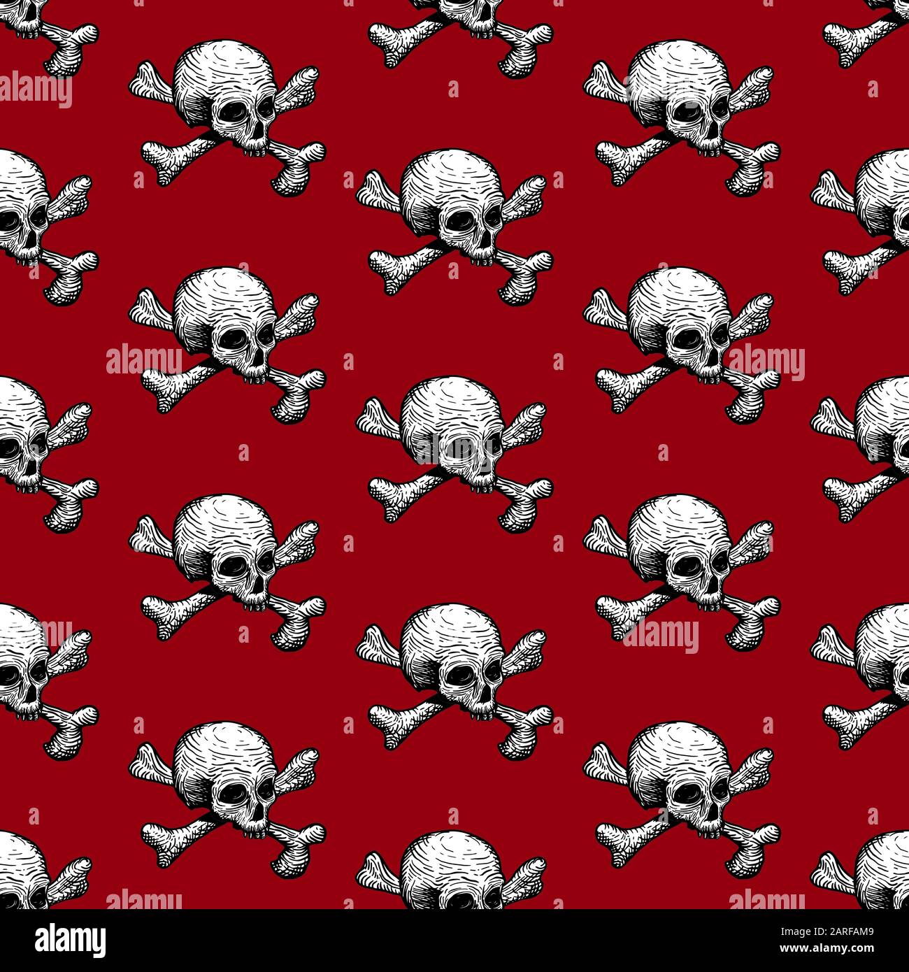 Seamless pattern with skulls and bones on a red background. Vector hand ...