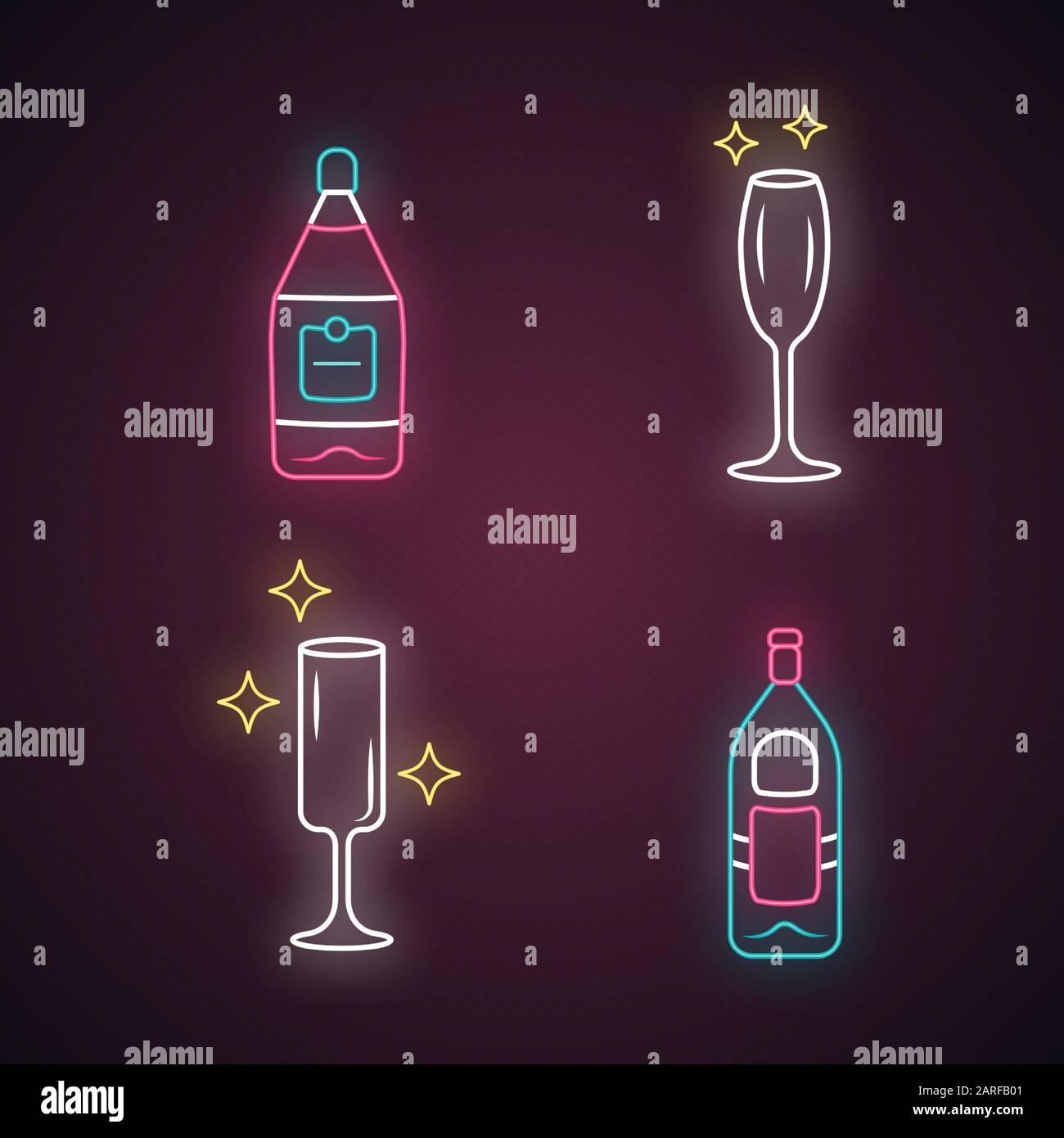 Alcohol drink glassware neon light icons set. Glowing signs. Wine ...
