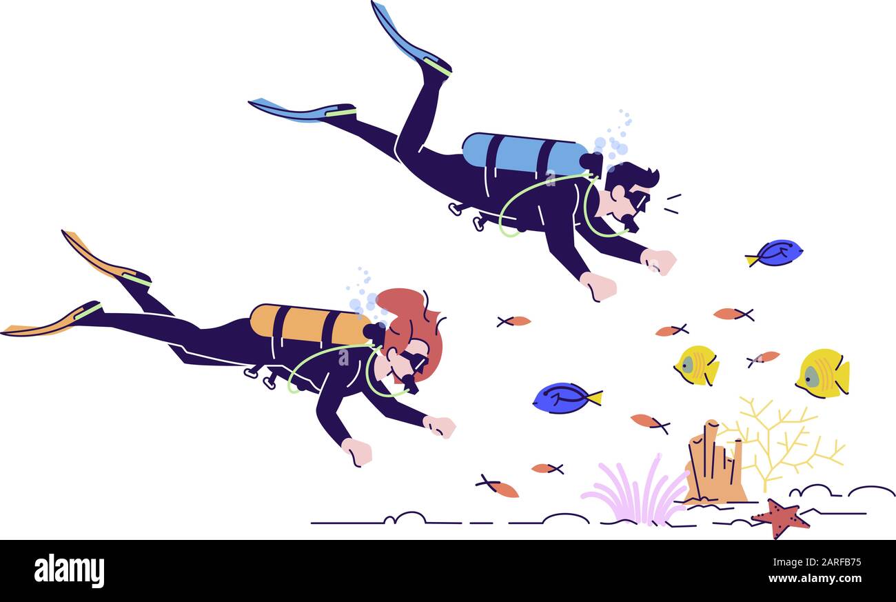 Couple of scuba divers flat doodle illustration. People observing reef ...