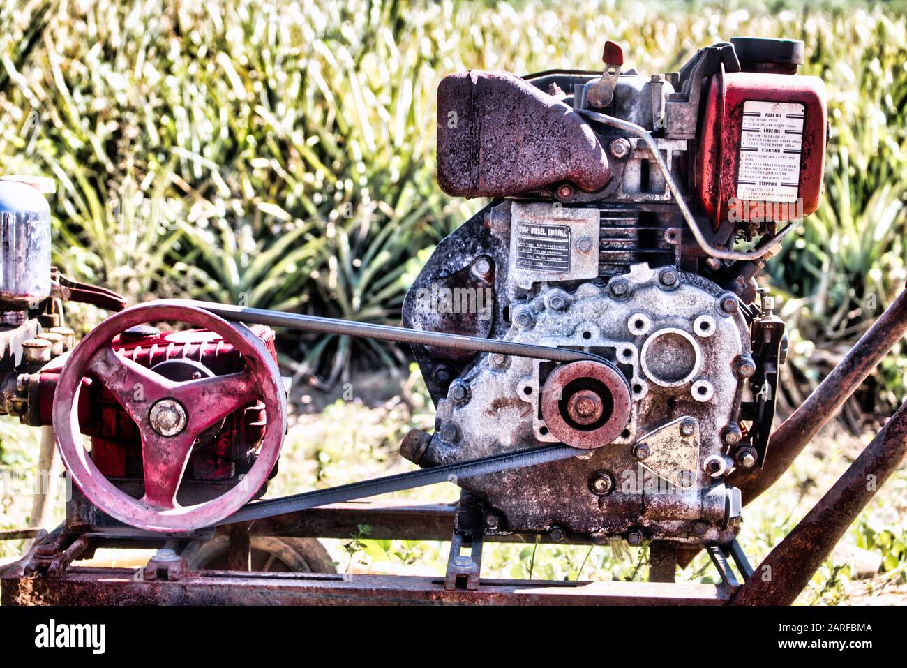 This unique photo shows a very old red and rusty agricultural machine ...