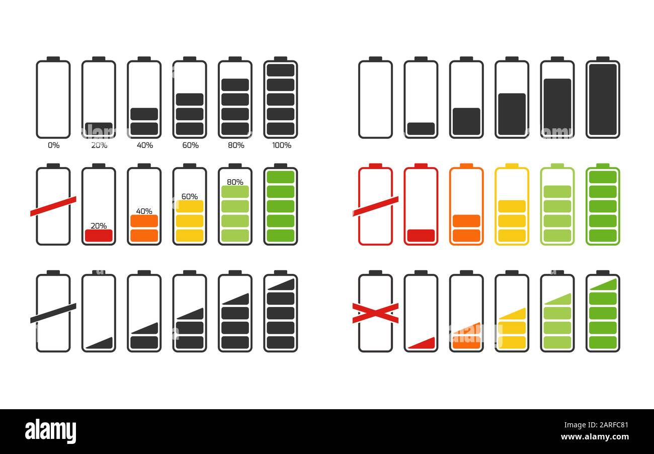 Battery charge indicator icons, vector graphics. Gsm energy level icons ...