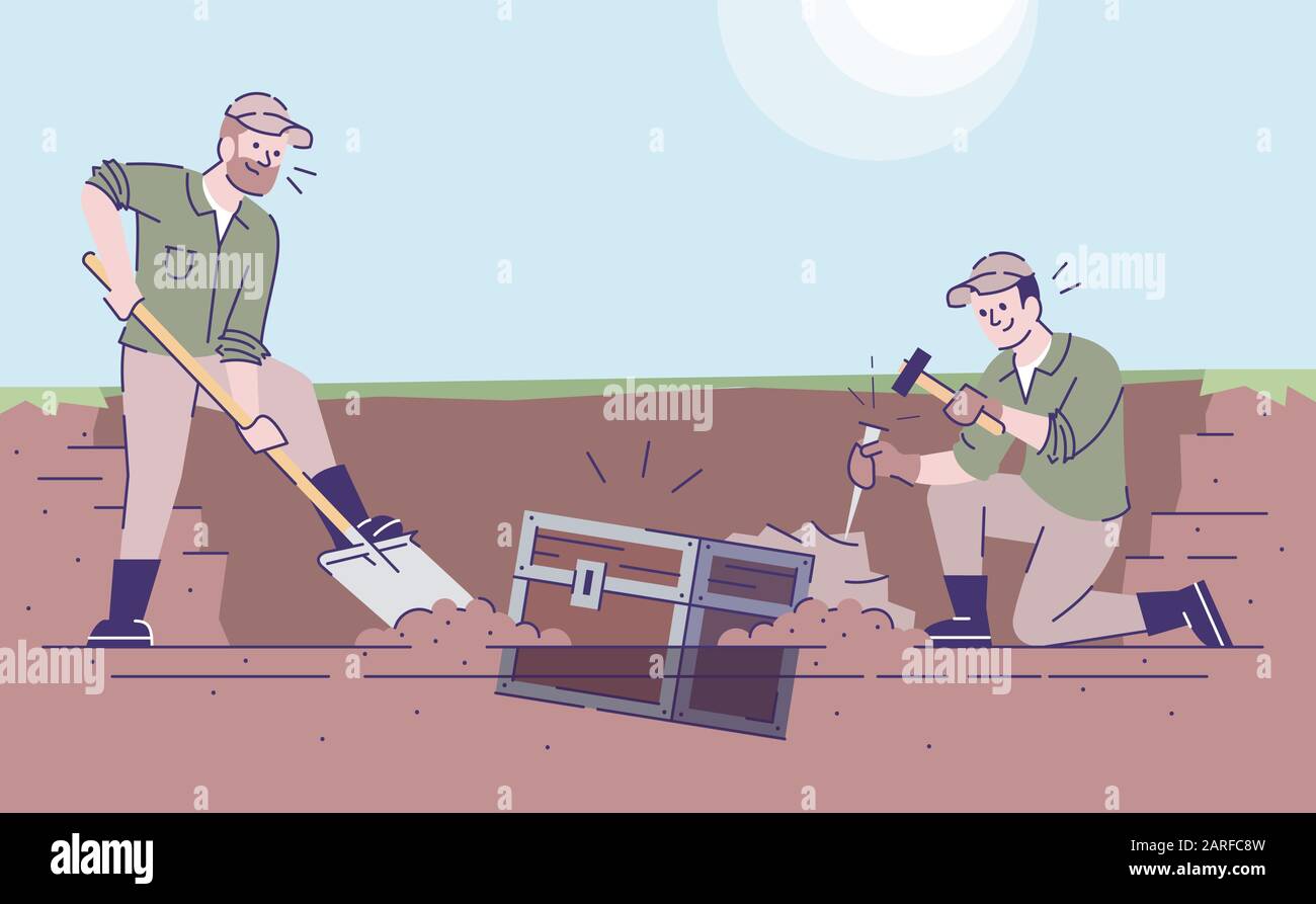 Treasure hunters flat vector illustration. Archeological expedition ...