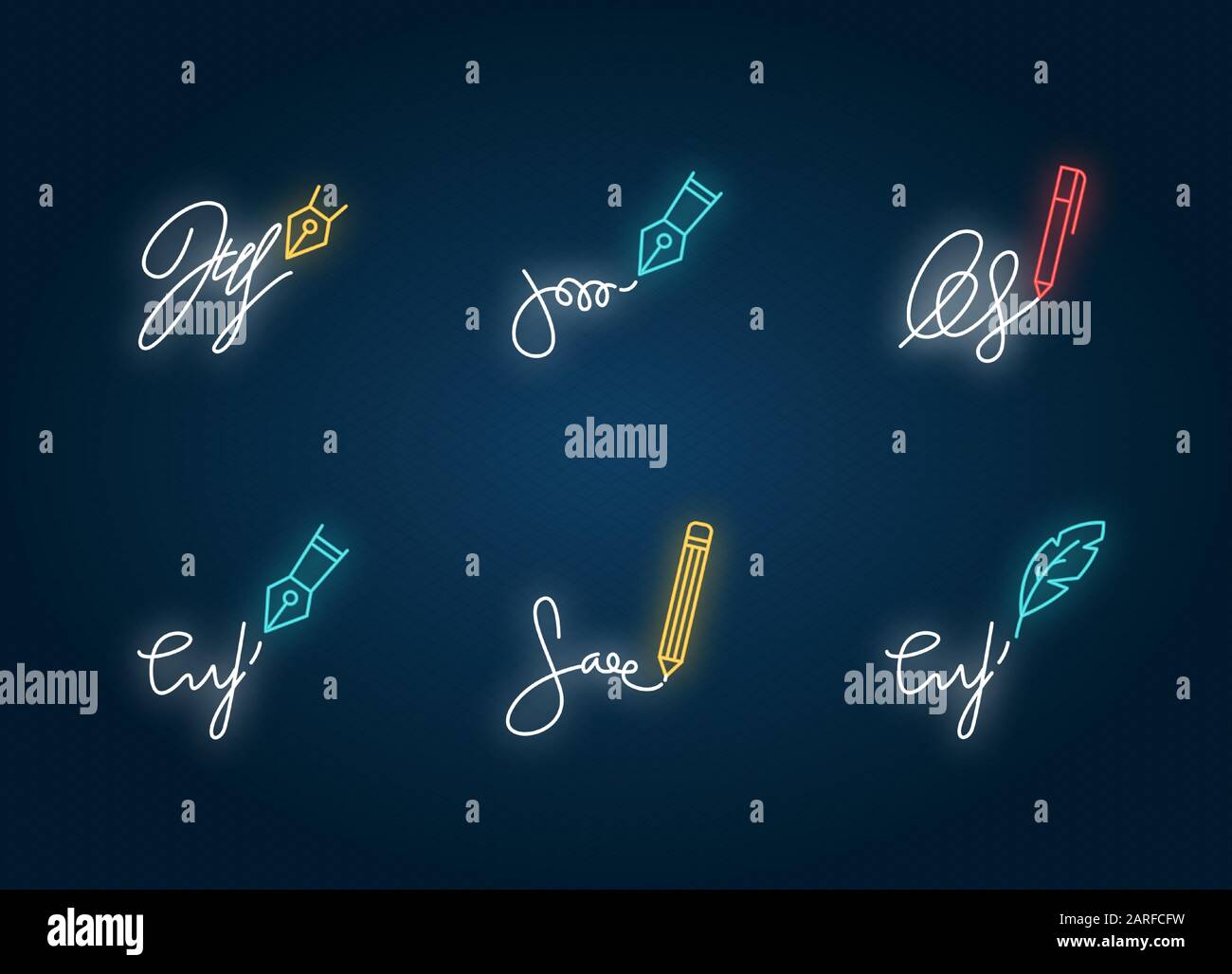 Signatures neon light icons set. Handwriting. Autograph. Proof of ...