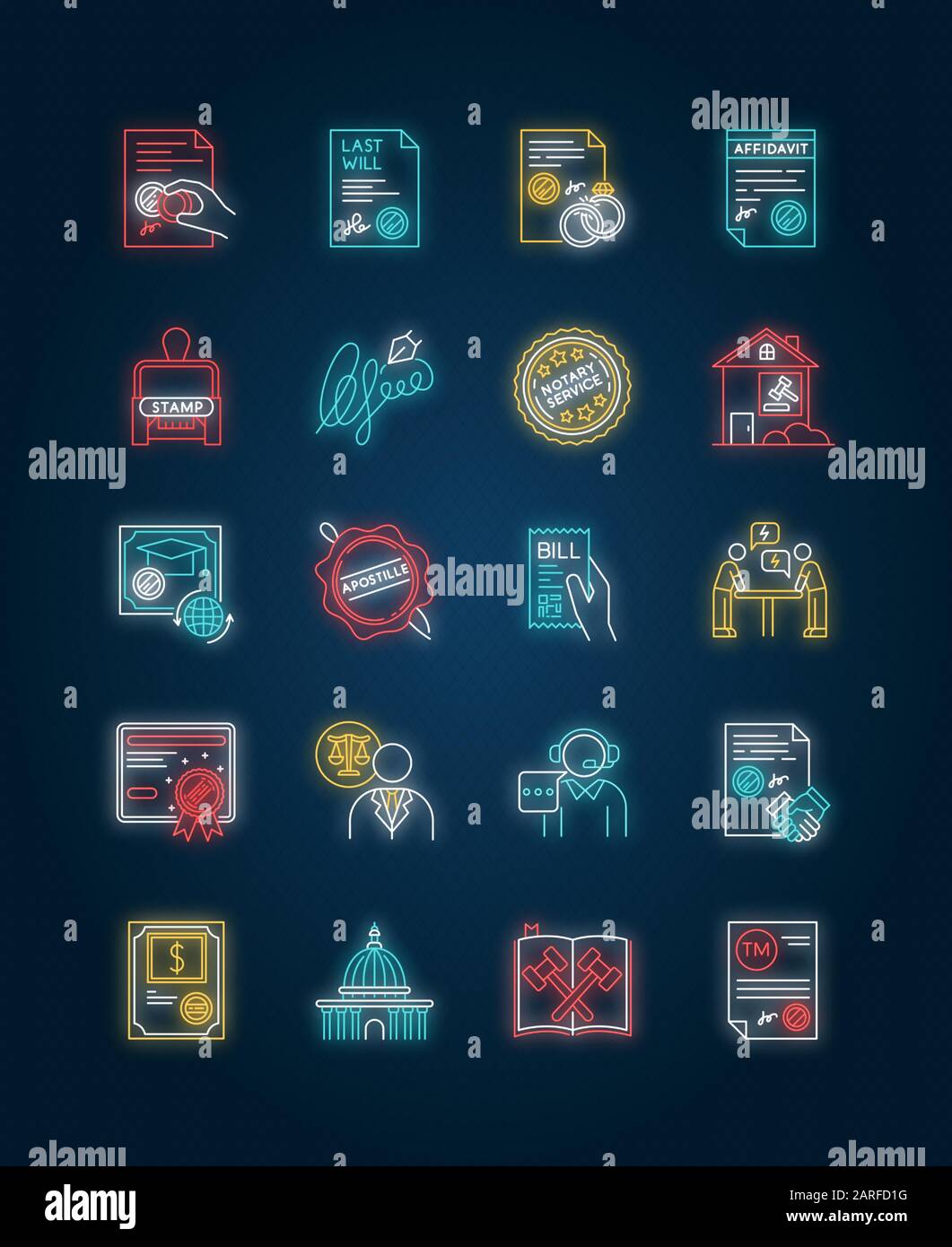 Notary services neon light icons set. Apostille and legalization ...