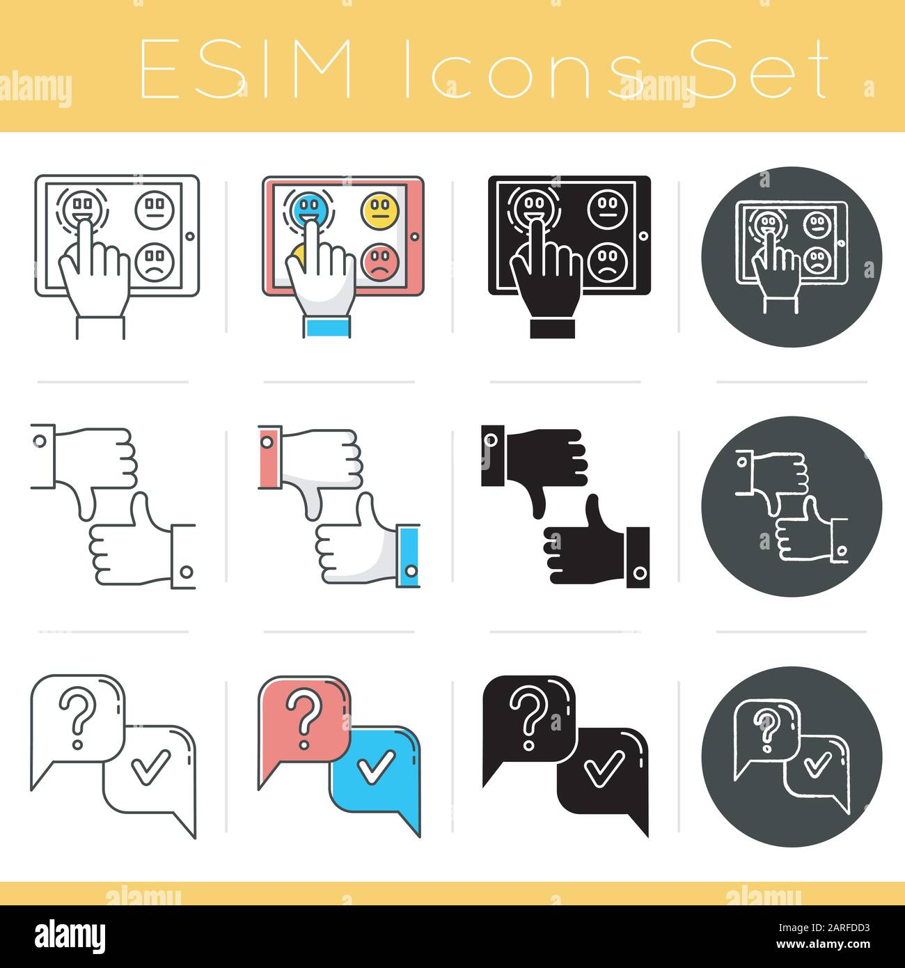 Survey icons set. Hand picking emoticon on tablet display. Thumbs up ...