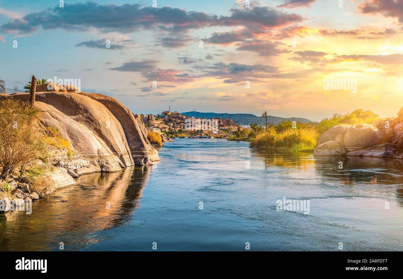 Sunset landscape in Aswan on river Nile, Egypt Stock Photo - Alamy