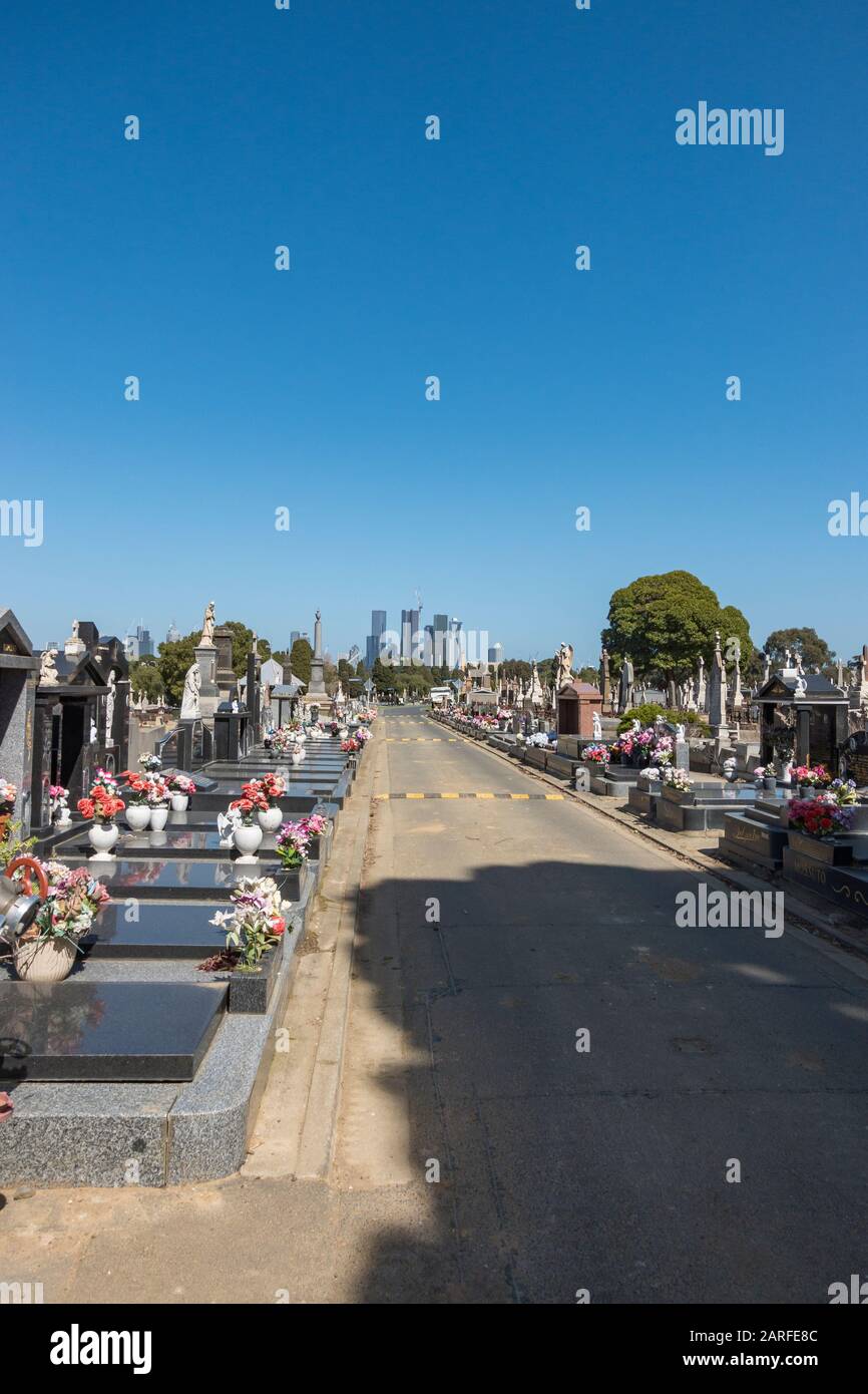 Views of the Melbourne skyline from Melbourne General Cemetery ...