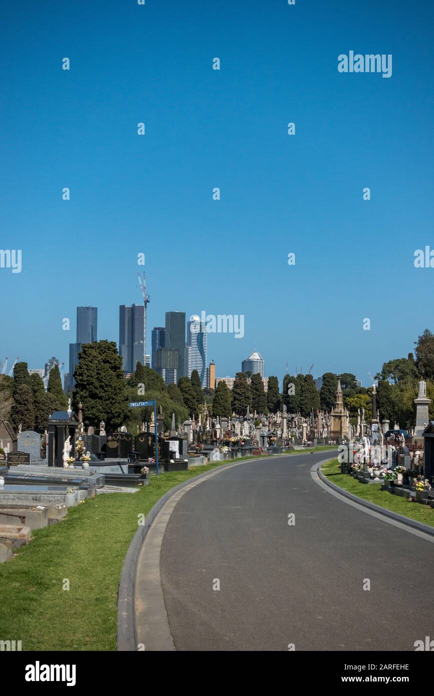 Views of the Melbourne skyline from Melbourne General Cemetery ...