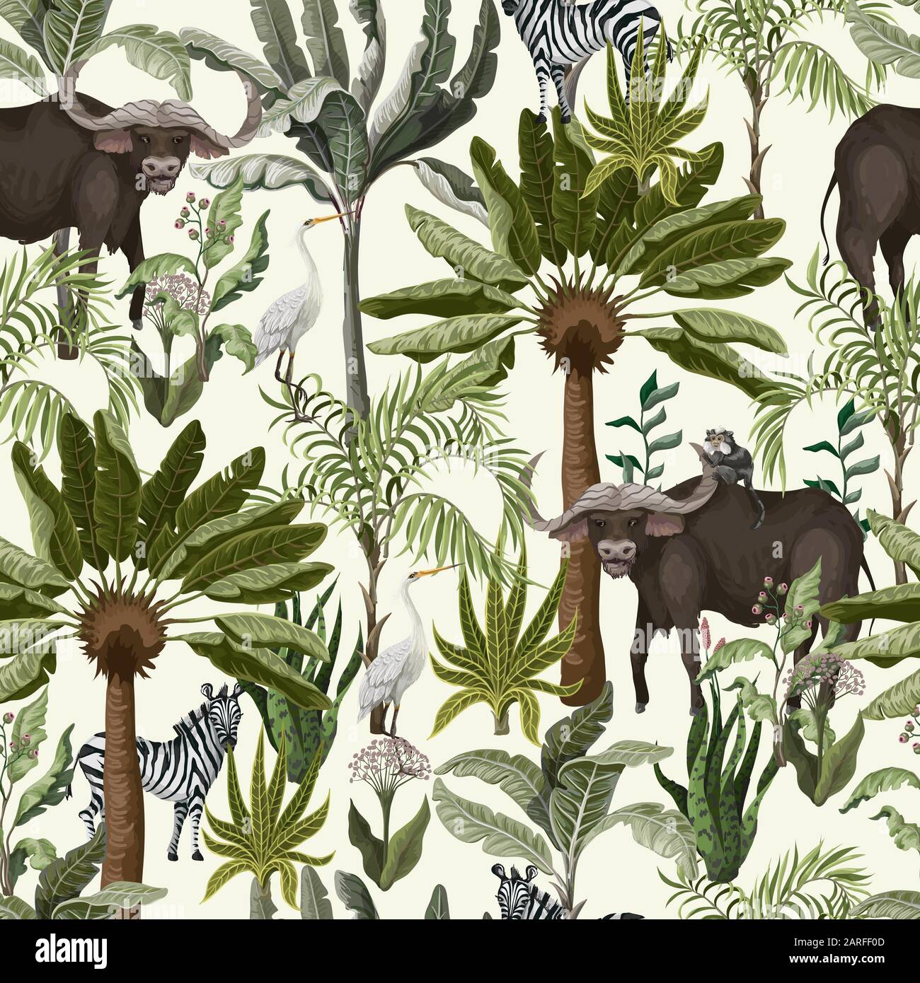 Seamless pattern with bull and other animals in jungle. Vector Stock ...