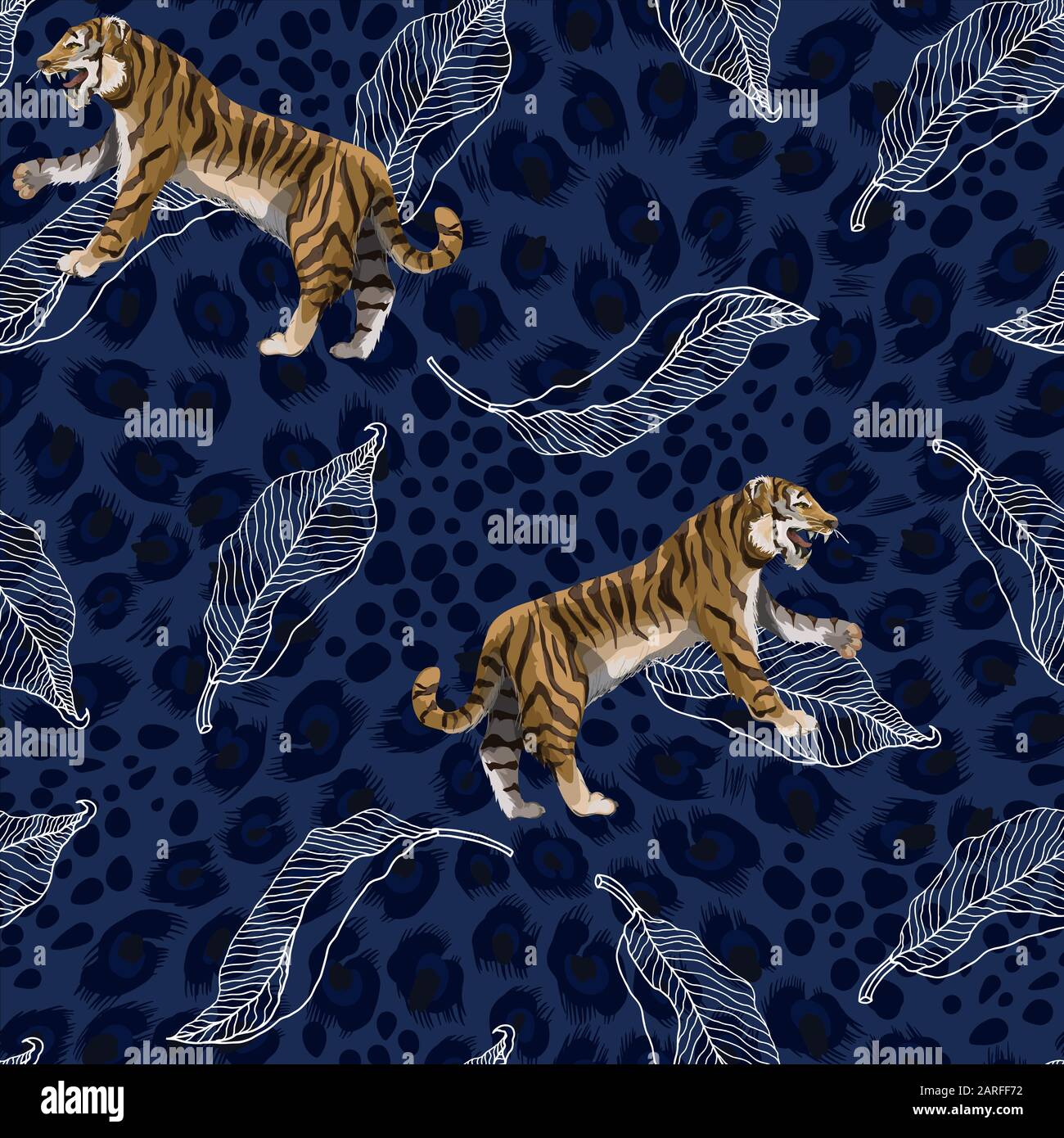 Seamless pattern with tigers and leaves. Vector Stock Vector Image ...