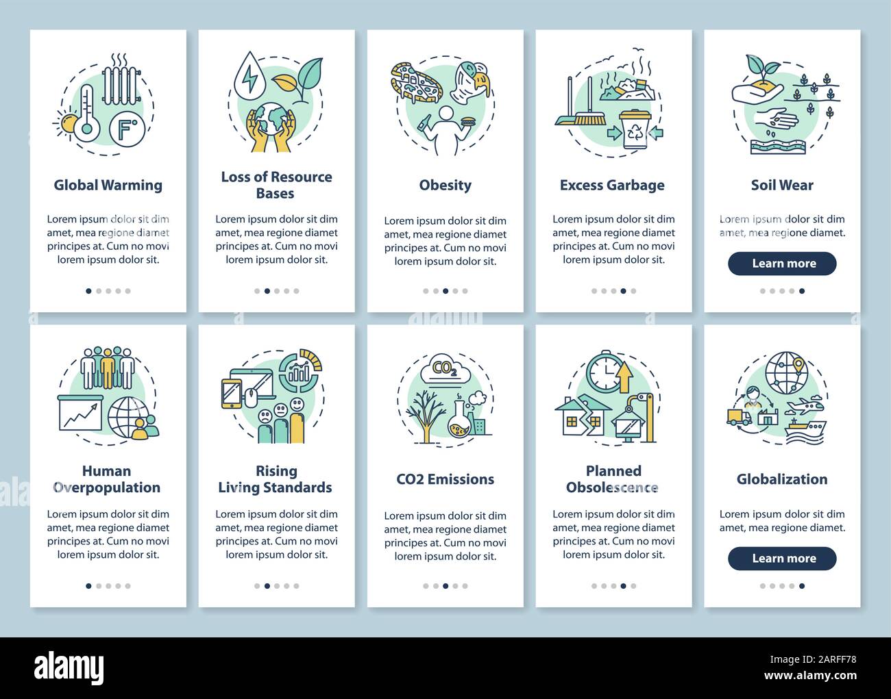 Overconsumption onboarding mobile app page screen with concepts ...
