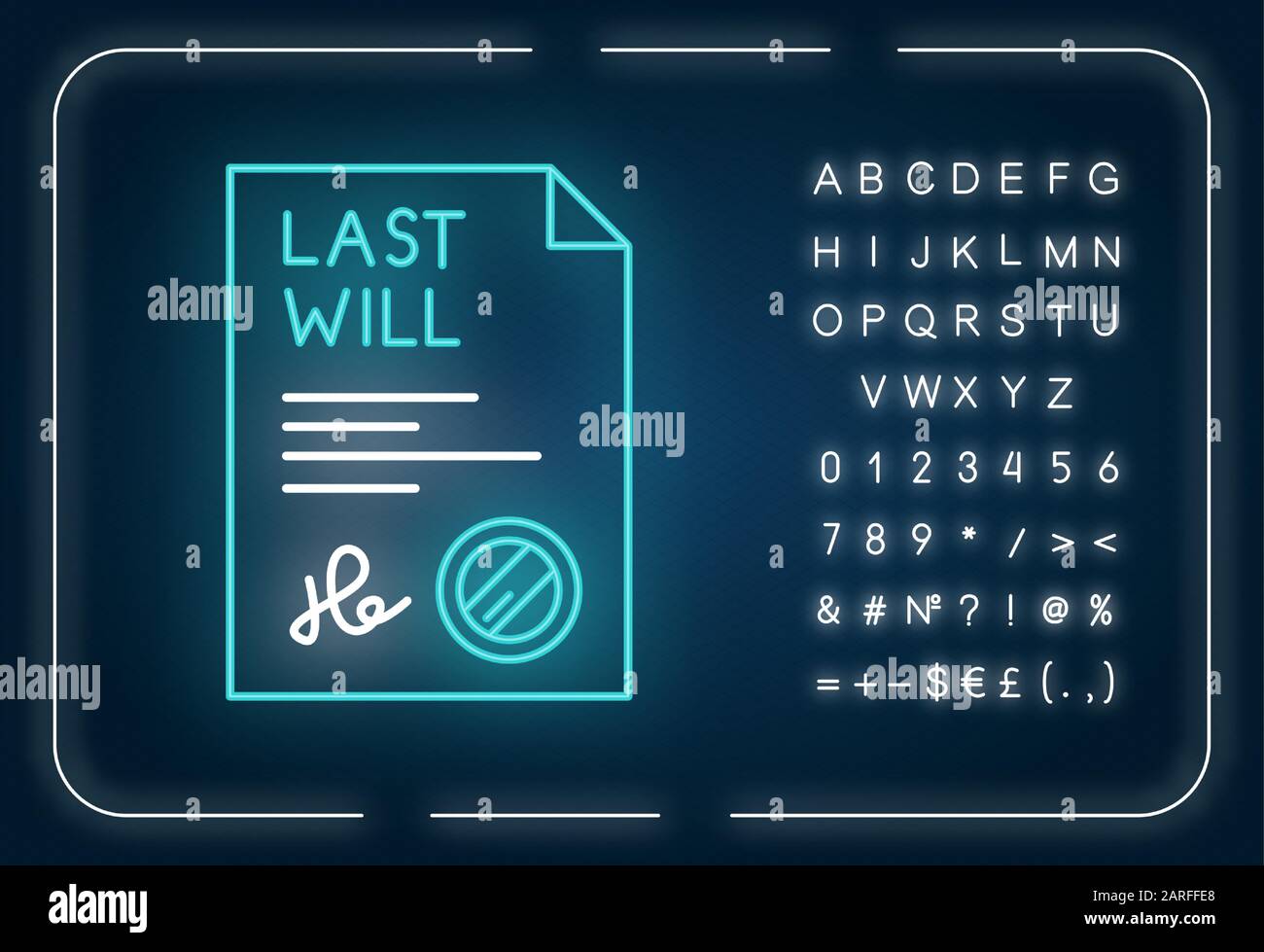 Signed last will neon light icon. Document with stamp. Notarized ...