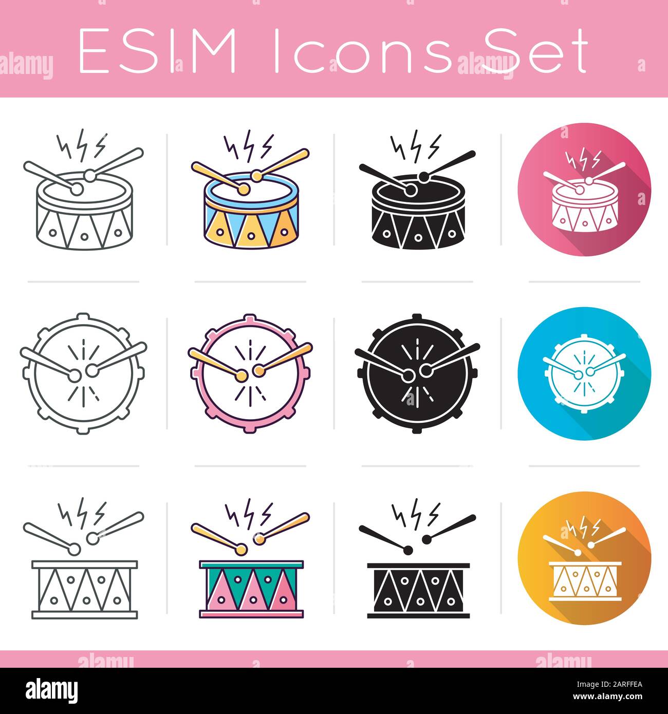 Brazilian music icons set. Drums with drumsticks. Linear, black and RGB ...