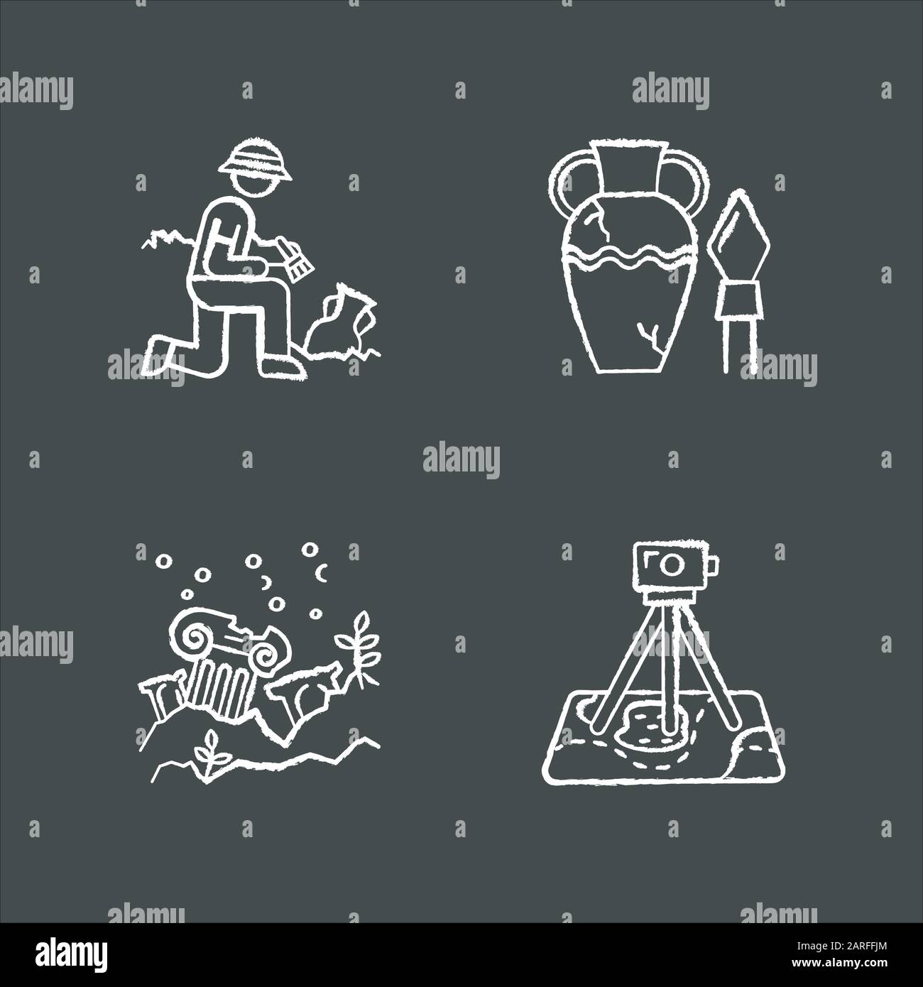 Archeology chalk icons set. Excavation and research. Ancient artifact ...