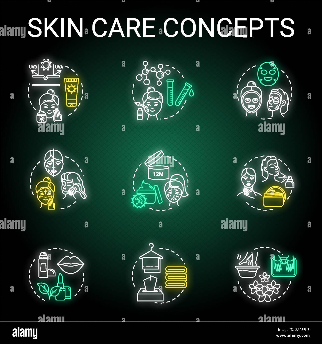 Skin care tips neon light concept icons set. Face and body youth ...