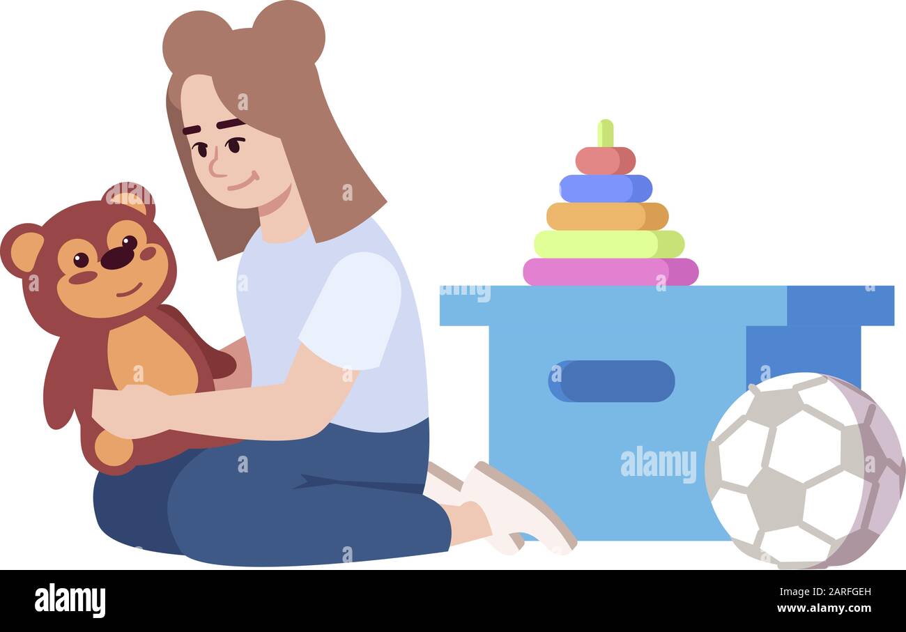Smiling girl sitting on floor semi flat RGB color vector illustration ...