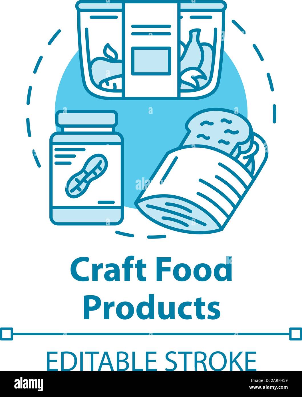 Craft food products concept icon. Crispbread, peanut butter, fruits ...